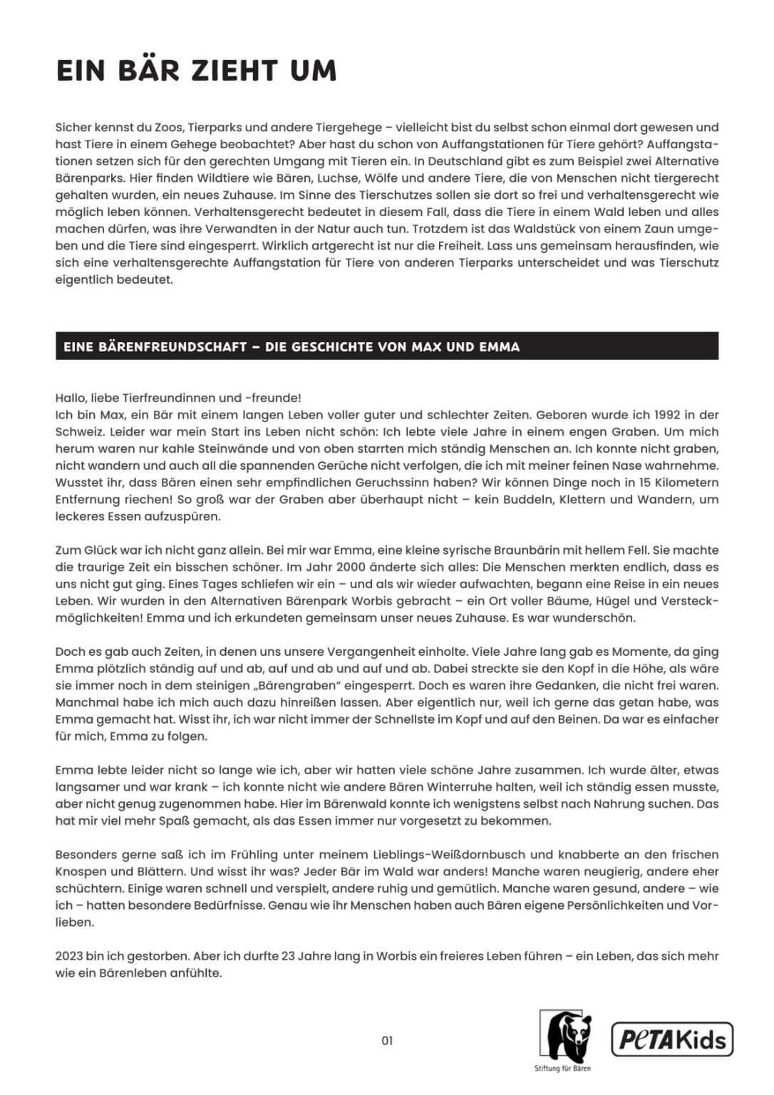 Arbeitsmaterial – Auffangstation: Ein Bär zieht um - Bildungsportal PETA DE
